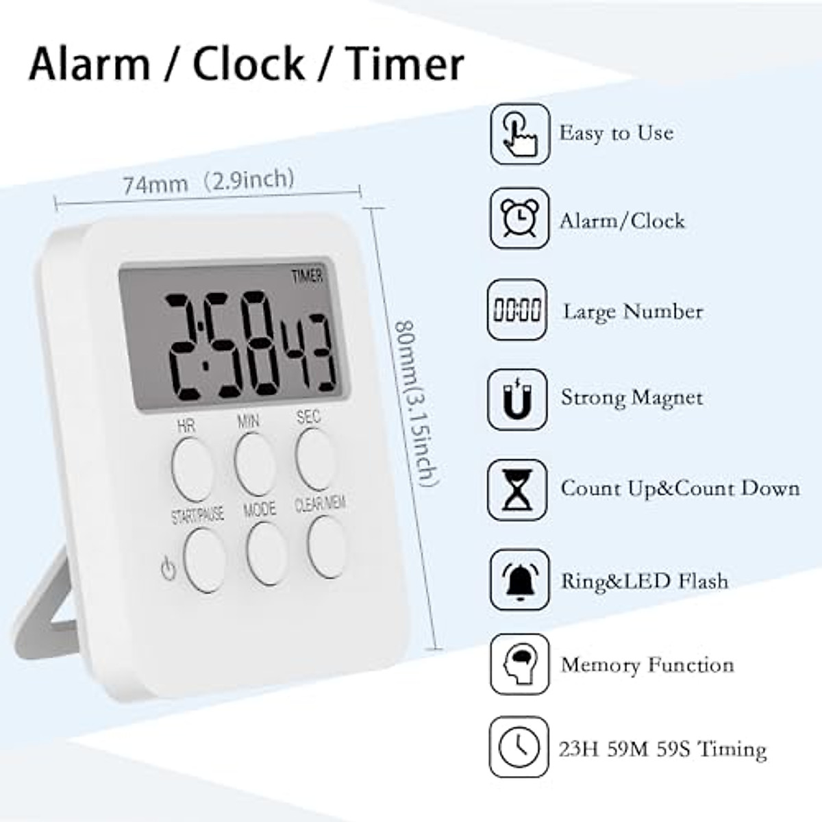 Digital Kitchen Timer with Mute/Lound Alarm Switch,3 in 1 Multifunctional Clock Alarm Count UP/Down Timer,24-Hours Memory Function Magnetic Timer for Cooking Learning(White)