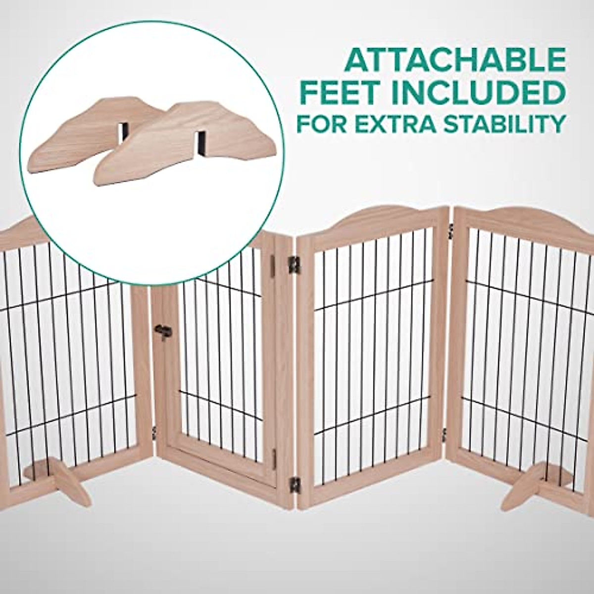 Arf Pets Freestanding Dog Gate with Door, 4 Panel 360° configurable Wooden Wire Fence, 89" Wide, 31.5" Tall, Foldable, Support Feet Included, for The House - Indoor Use