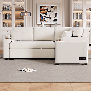 P PURLOVE Sectional Sofa with Pull-Out Sofa Bed, Boucle L-Shape Sleeper Sofa with Wheels, USB Charging Port and Power Sockets, Modern Upholstered Couch for Living Room, Bedroom, Apartment (Beige)