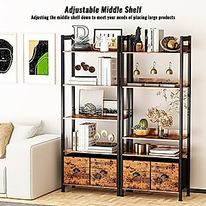 Furologee 66" L Shaped Computer Desk and 5-Tier Bookshelf, Corner Gaming Desk with File Drawer, Tall Bookcase with 2 Storage Drawers for Living Room, Home Office, Bedroom, Rustic Brown