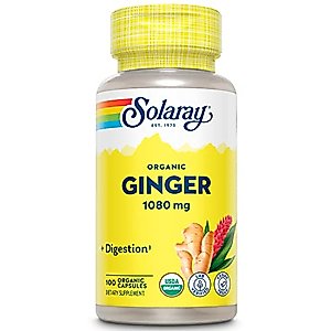 SOLARAY Organic Ginger Root Capsules, USDA Certified Organic Ginger Capsules, Ginger Pills for Healthy Digestion Support, Lab Verified, Vegan, 60-Day Guarantee, 50 Servings, 100 Organic Capsules