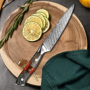 Momo's House 8.3 Inch Kiritsuke Knife and 5 Inch Utility Knife with Wood and Red Resin Handle - VG-10 Core and 67-layers Damascus Steel Kitchen Knives with Gift Box and Sheaths, 2pcs