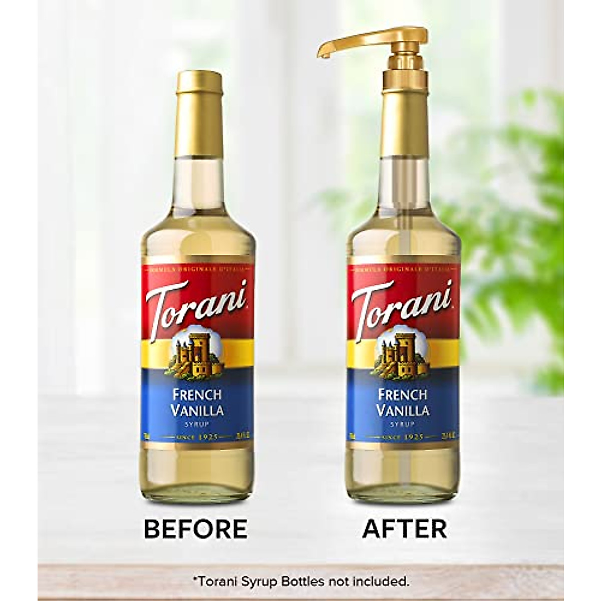 6-Pack Gold Torani Syrup Pump for Coffee Syrup Bottle by Little Squirt, Fits Torani & Skinny Syrup 750ml, Monin Liter Bottles, Coffee Syrup Pump Dispenser & Coffee Bar Accessories