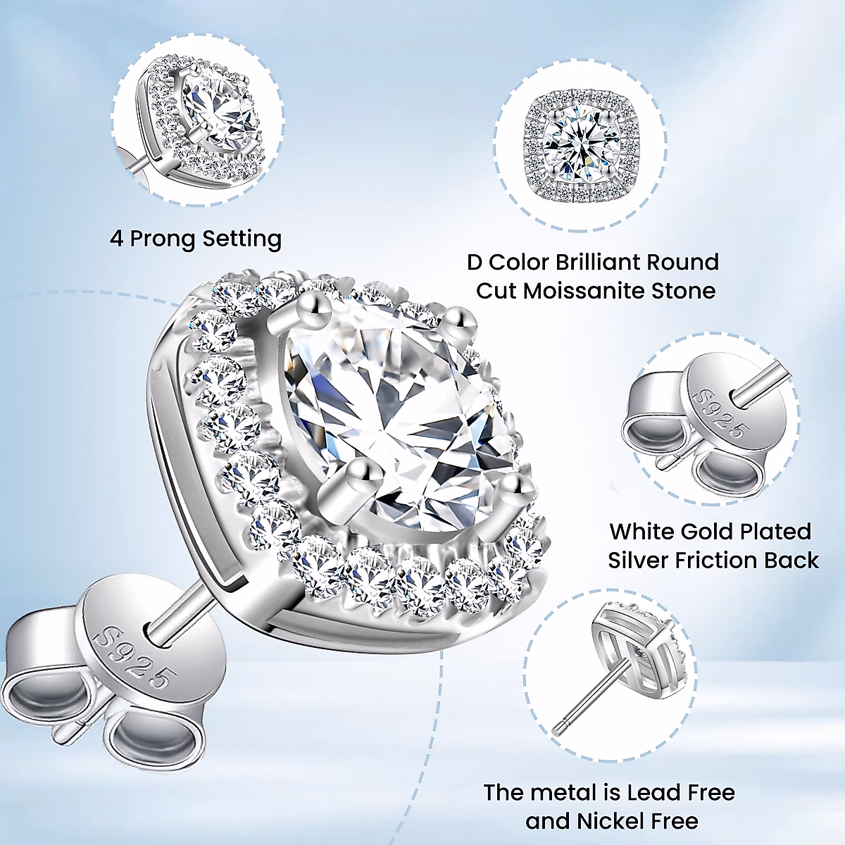 Tunzug Moissanite Halo Earrings Square 0. 5-3 Carat 925 Sterling Silver Plated 18K Gold Plated Friction Flat D Color VVS1 Clear Earrings for Men Women