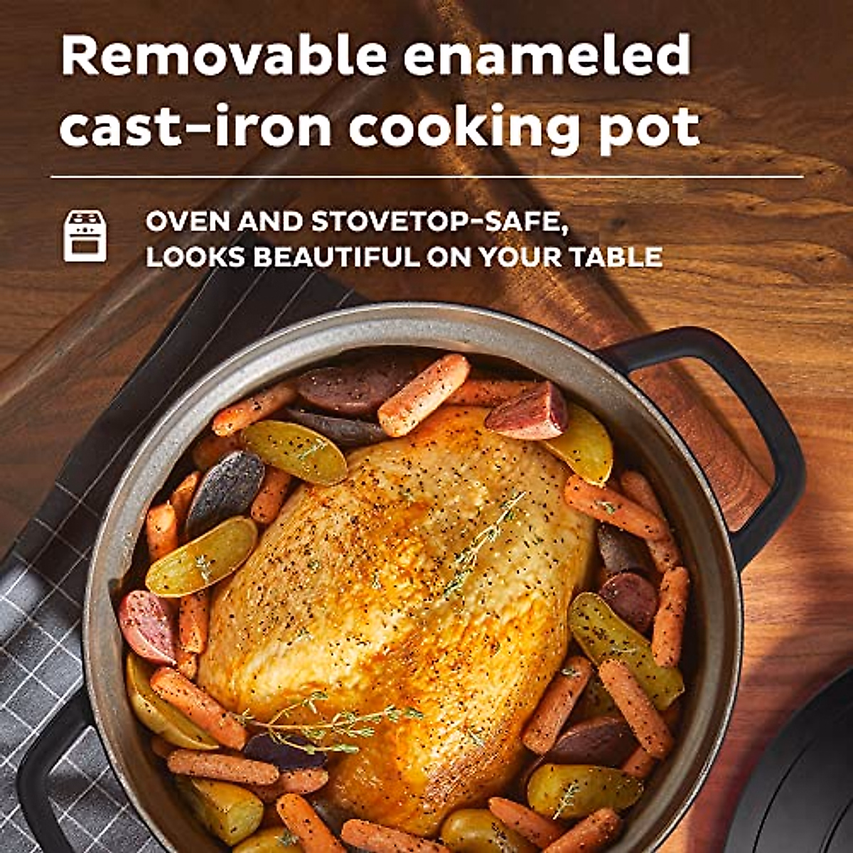 Instant Electric Round Dutch Oven, 6-Quart 1500W, From the Makers of Instant Pot, 5-in-1: Braise, Slow Cook, Sear/Sauté, Cooking Pan, Food Warmer, Enameled Cast Iron, Included Recipe Book, Black