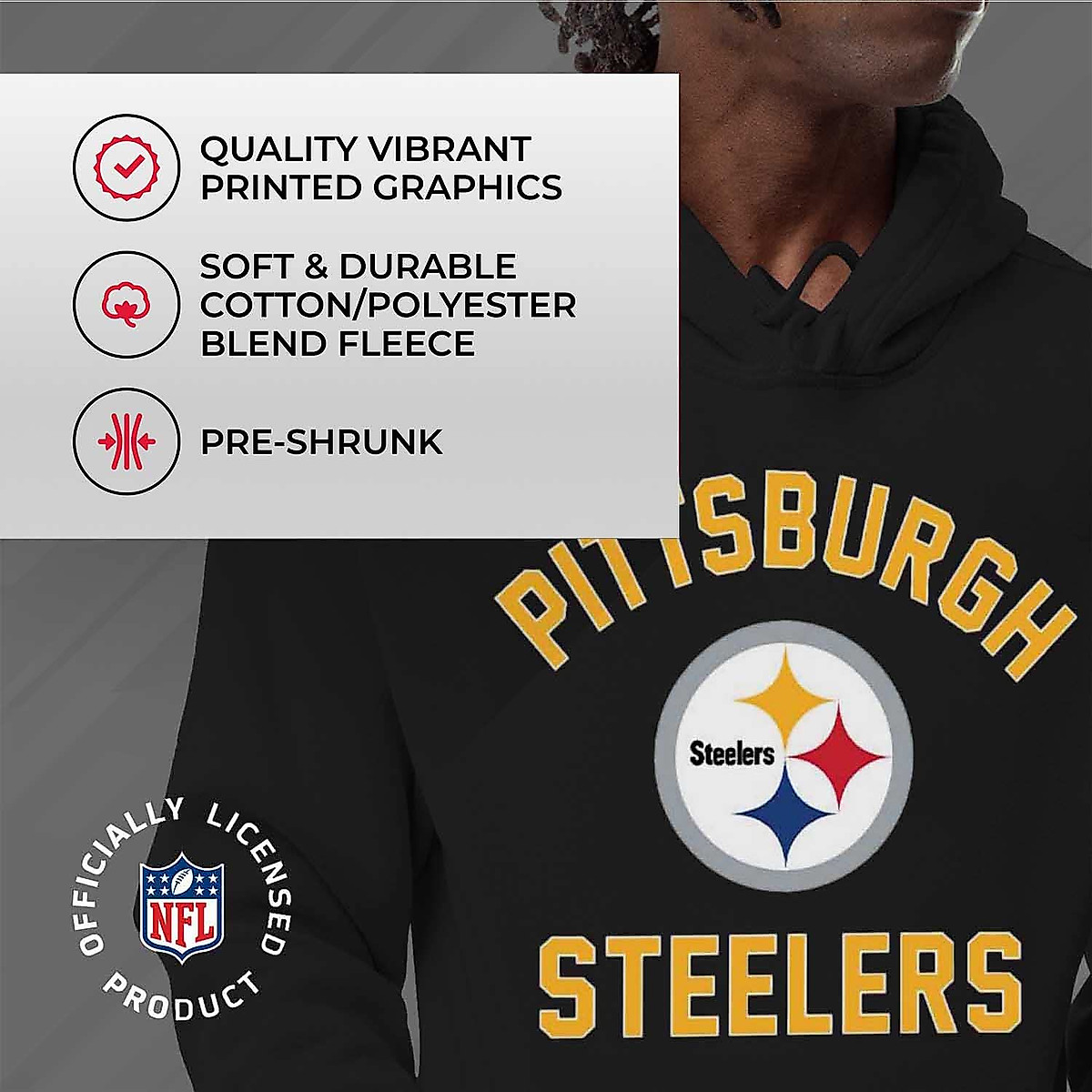 Team Fan Apparel NFL Adult Gameday Hooded Sweatshirt - Poly Fleece Cotton Blend - Stay Warm and Represent Your Team in Style (Pittsburgh Steelers - Black, Adult Large)