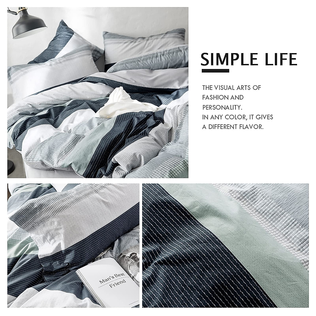 VClife Cotton Queen Duvet Cover White Grey Blue Stripe Bedding Sets Lightweight Modern Style Geometric Comforter Cover with Zipper Closure (1 Queen Size Duvet Cover and 2 Pillowcases) Breathable Soft