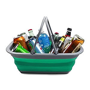 SAMMART 9.2L (2.37Gallon) Collapsible Tub with Handle - Portable Outdoor Picnic Basket / Crater - Foldable Shopping Bag - Space Saving Storage Container (1, Grey/Bluish-Green)