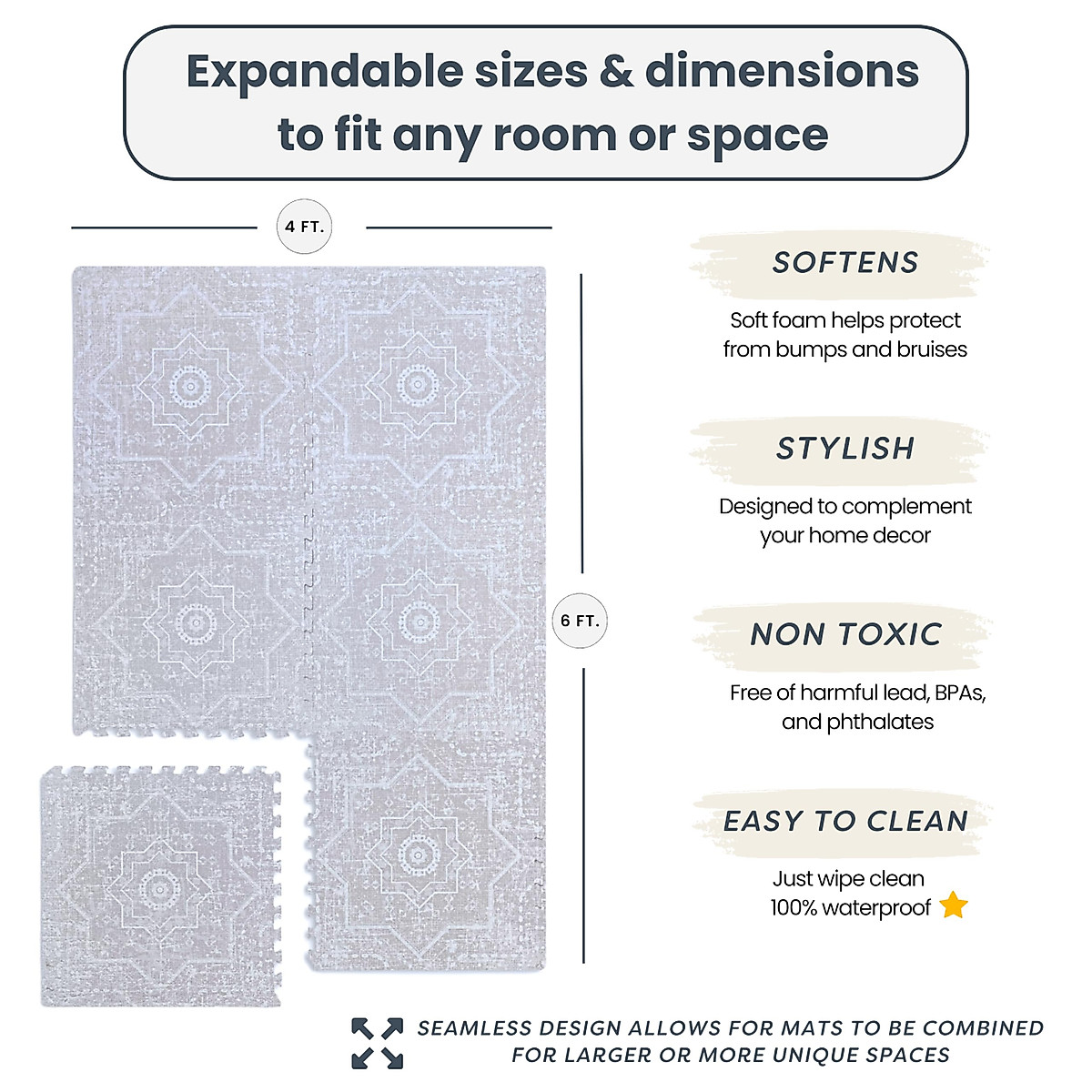 Little Landings Baby Play Mats for Floor - Layla (4x6ft) - Premium EVA Foam Play Mat for Babies & Toddlers - Perfect for Tummy Time, Crawling, Playroom - Stylish & Comfortable Kids Play Mat