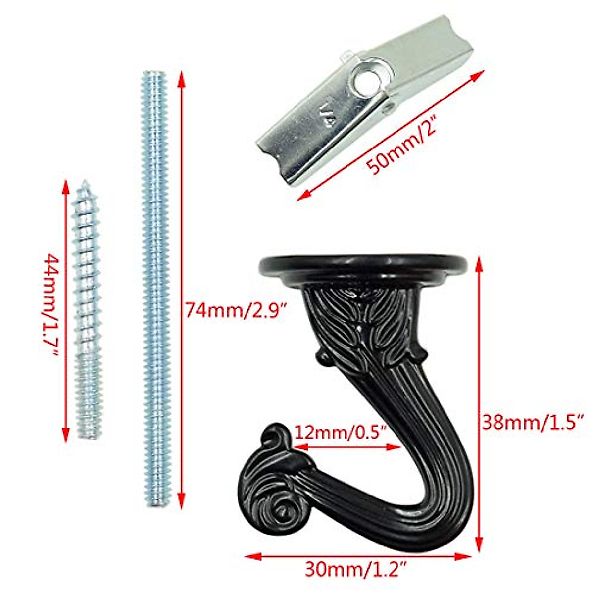 Hxchen 38mm/1.5" Ceiling Hooks - Heavy Duty Swag Hook with Steel Screws Bolts and Toggle Wings for Hanging Plants Ceiling Installation Cavity Wall Fixing Black - (2 Sets)