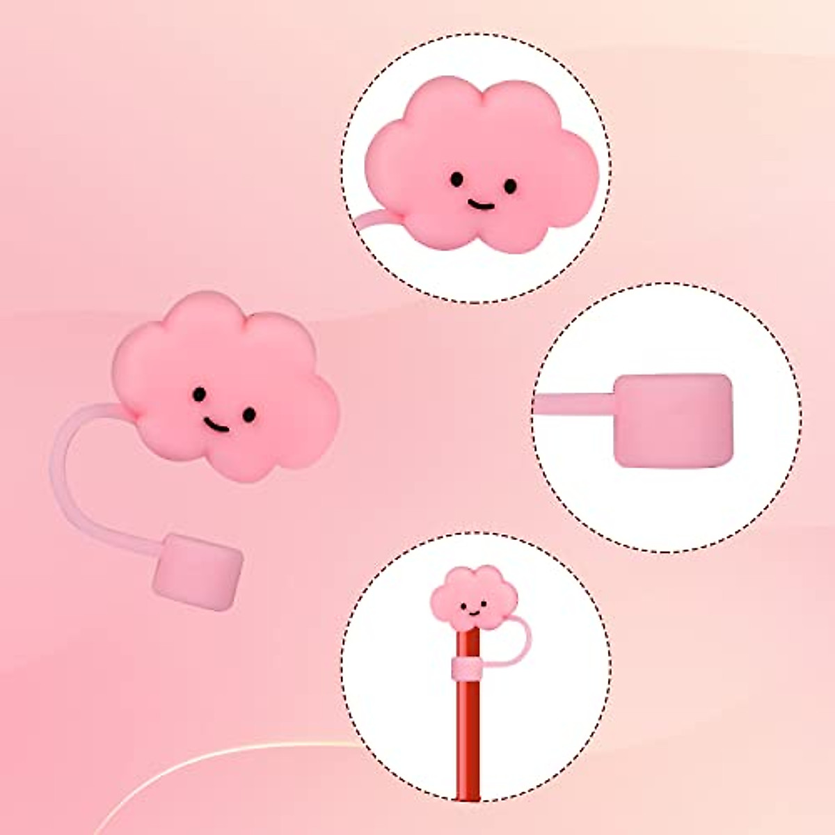 2pcs Cloud Straw Caps Covers for 0.3inch/8mm Diameter Straws, Pink Cute Silicone Straw Toppers Lids Dust-Proof Straw Tips Cover for Sippy Cups Straw Protector (Not Suitable for Stanley)