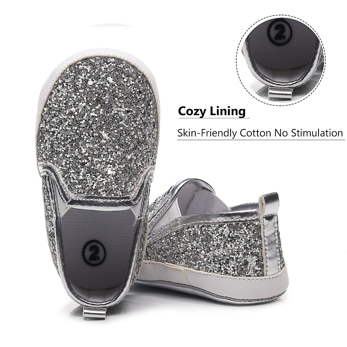 HONGTEYA Baby Shoes Baby Boys Girls Sequins Crib Shoes Baby Moccasins Toddler Leather Caual Sneakers Infant Glitter Shoes - Soft Sole for 0-18 Months Babies First Walking Silver