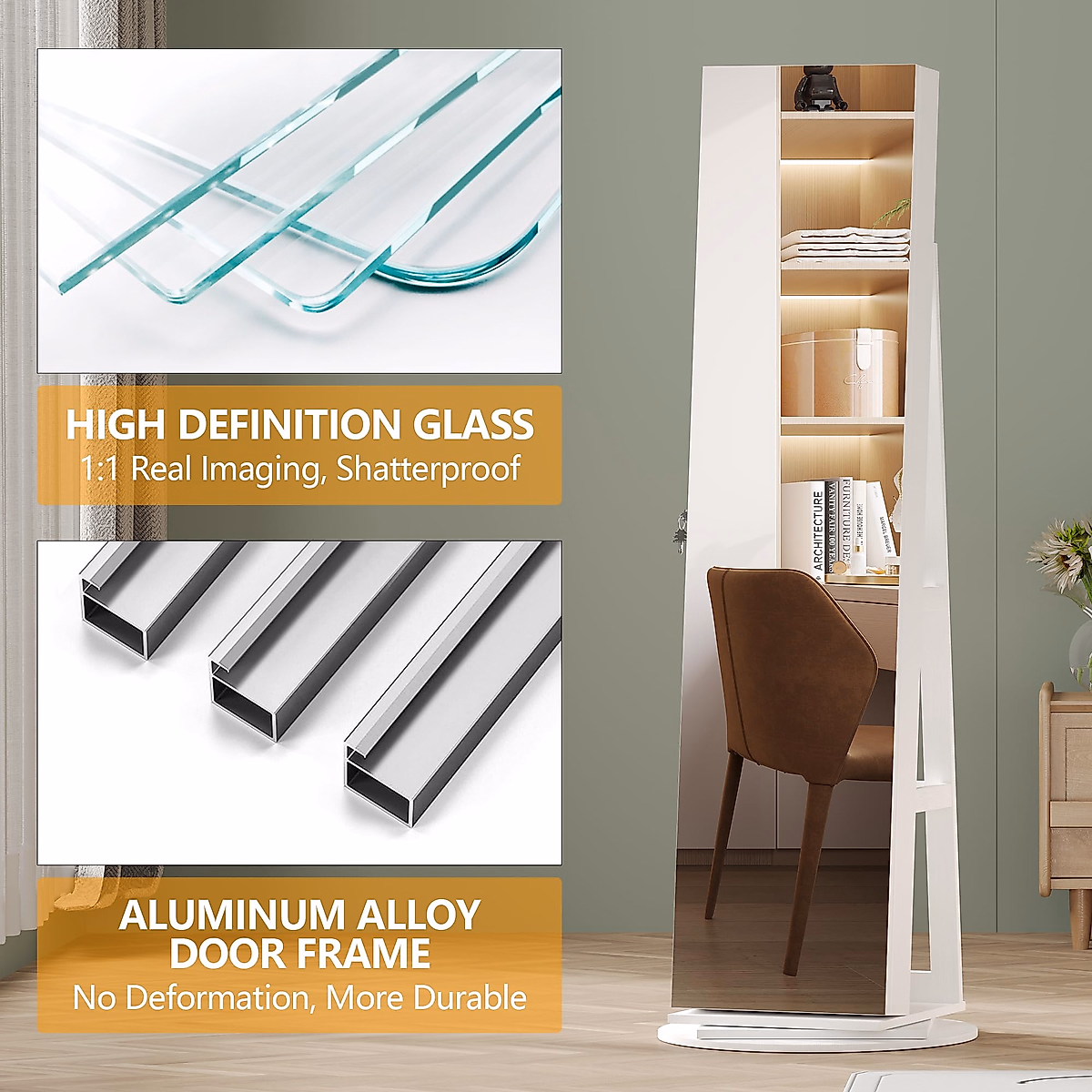 LVSOMT 360° Swivel Jewelry Armoire Cabinet, Full Length Mirror with Jewelry Storage, Standing Jewelry Armoire Organizer with Mirror, Rotatable, Large Capacity (White)