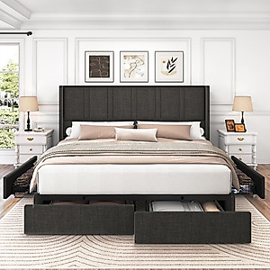 LARMACE Bed Frame King Size with Storage Drawers and Wingback Headboard, Linen Upholstered Platform Bed Frame with Wooden Slats, Easy Assembly, Dark Grey