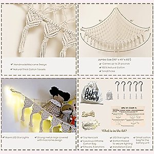 Abby Baby X-Large Stuffed Animal Storage Hammock with LED Lights – 25LB Capacity Toy Net for Stuffed Animals, Squishmallow Net for Stuffed Animals Corner, Plush Hammock for Playroom, Plush Net, Beige