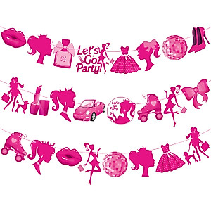 Hot Pink Girl Party Banners Pink Birthday Party Decorations for Girls Hot Pink Princess Banners for Girls Doll Theme Party Ladies Bachelorette Party Supplies