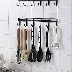 2 Pack Kitchen Adhesive Wall Hooks Rack Rail,Spoon Hanger for Kitchen Hanging Spatulas Measuring Spoons Space Saving No Drilling Hanger with 6 Hooks for Bathroom Bedroom Closet(Black）
