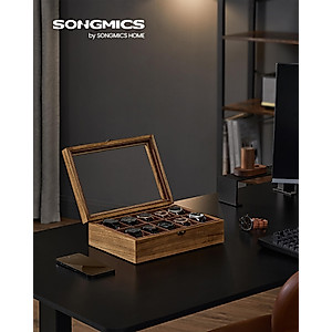 SONGMICS Watch Box, 10-Slot Watch Case, Solid Wood Watch Box Organizer with Glass Lid, Watch Display Case with Removable Pillows, Gift for Loved Ones, Rustic Walnut UJOW100K01
