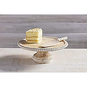 Mud Pie, White, Beaded Wood Cake Set, stand 4.75" x 12" dia | server 9.5"
