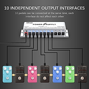 OTraki Guitar Pedal Power Supply 10 Individual DC Output Interfaces Pedal Power Supplies for 18V 12V 9V Effect Pedal Power Supply with Smart Short Circuit and Over Current LED Indicate, White