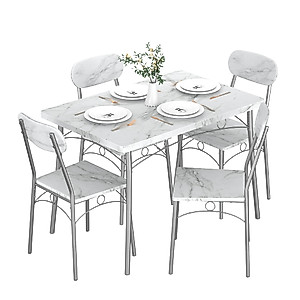 VECELO 5-Piece Dining Room Table Set, Rectangular Dinette with 4 Chairs for Kitchen, Breakfast Nook, Small Space, Marble White