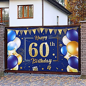 Blue 60th Birthday Decoration Banner for Men Women, Navy Blue Gold Happy 60th Birthday Banner Backdrop, Large Blue Sixty Years Old Birthday Anniversary Banner Photography Background Party Décor