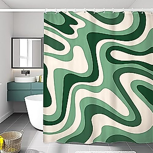 LIGHTINHOME Aesthetic 70S Shower Curtain 60Wx72H Inches Green Y2K Abstract Waves Swirl Cute Retro Boho Groovy Bathroom Decor Shower Accessories Cloth Fabric Waterproof Polyester Set with Hooks