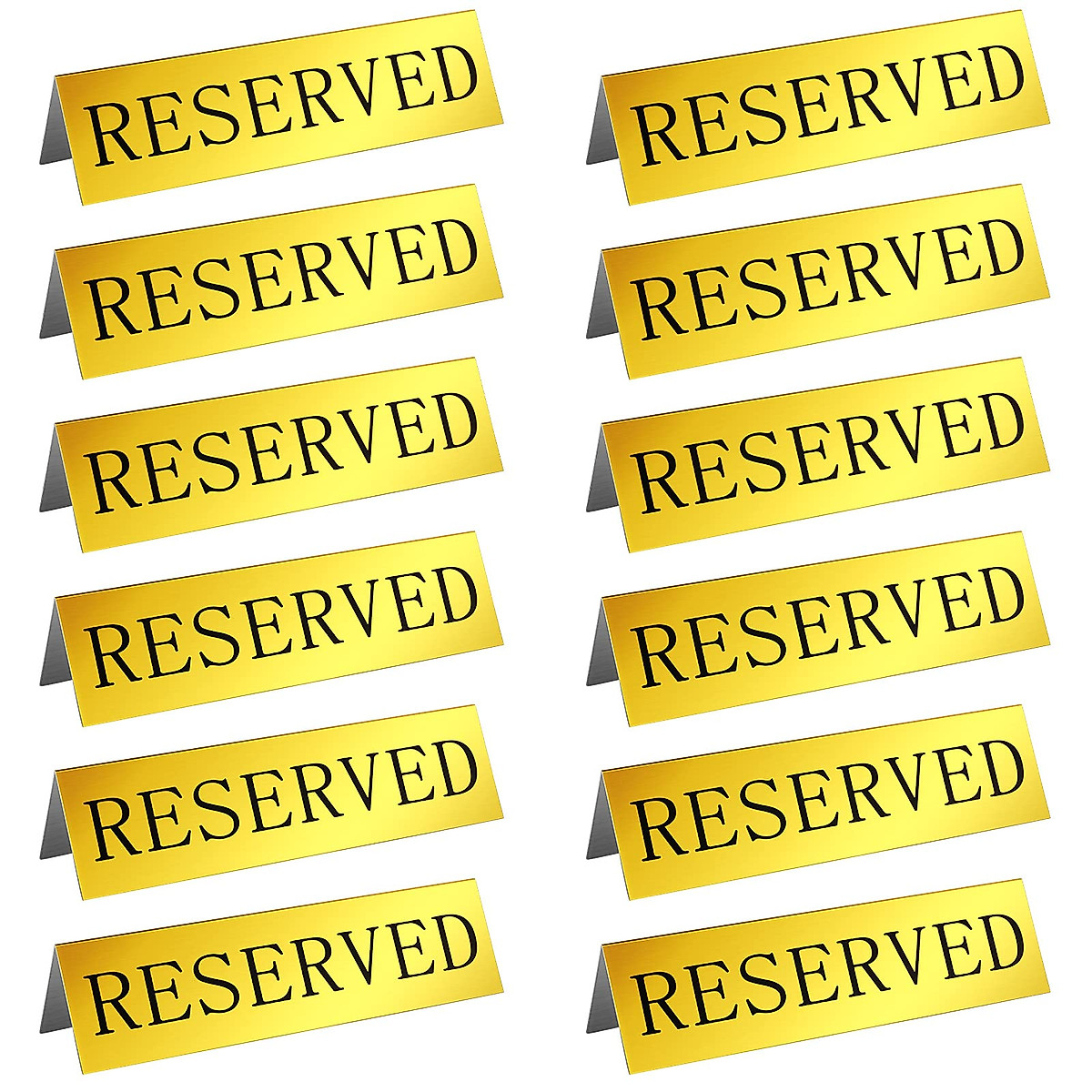 12 Pieces Table Top Reserved Sign Metal Reserved Table Signs Reserved Seating Signs Double Sided Table Tent Sign for Wedding Restaurant Family Ceremony Events, 5.91 x 3.15 Inches (Golden)