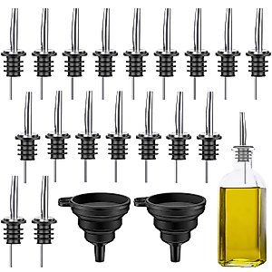 Liphontcta 18 Pcs Olive Oil Spouts Stainless Steel Oil Pourer Spouts Olive Oil Dispenser Spout Metal Oil Bottle Stopper with 2 Pcs Silicone Funnels for Wine Liquor Vinegar Syrup