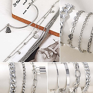 17IF 18 Pcs (6 Pack) Silver Bracelets Set for Women Boho Aesthetic Layered Stackable 14K Bangle Adjustable Cuff Grunge Italian Cuban Charm Chunky Simple Layering Bracelet Jewelry