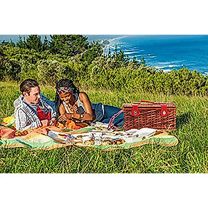 Wicker Picnic Basket Set for 4 Persons with Large Insulated Cooler Bag and Waterproof Picnic Blanket, Willow Picnic Hamper for Family, Outdoor, Camping, Party(Red)