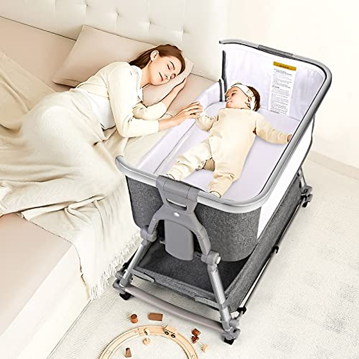 SPS Baby Bassinet Bedside Sleeper with Storage Basket and Wheels,Easy Folding Bedside Crib,Adjustable Height Portable Baby Bed for Newborn Infant