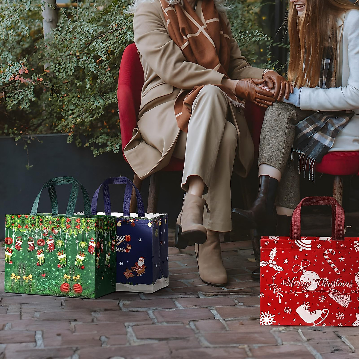 Christmas Gift Bags 16 packs, Christmas Tote Bags Medium Size Holiday Gift Bags with Handle, Reusable Non-Woven Shopping Bags for Xmas Gifts Wrapping Party Supplies Open Size 12.4*9.84*6.69 in