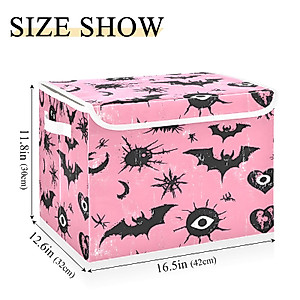 Storage Bins with Lids and Handles,Bat Pink Background Storage Box Storage Basket with Cover Collapsible Organizer Containers for Home Closet, Shelves
