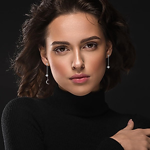 925 Sterling Silver Moon Star Earrings for Women Crescent Dangle with Cubic Zirconia Celestial Jewelry for Wedding