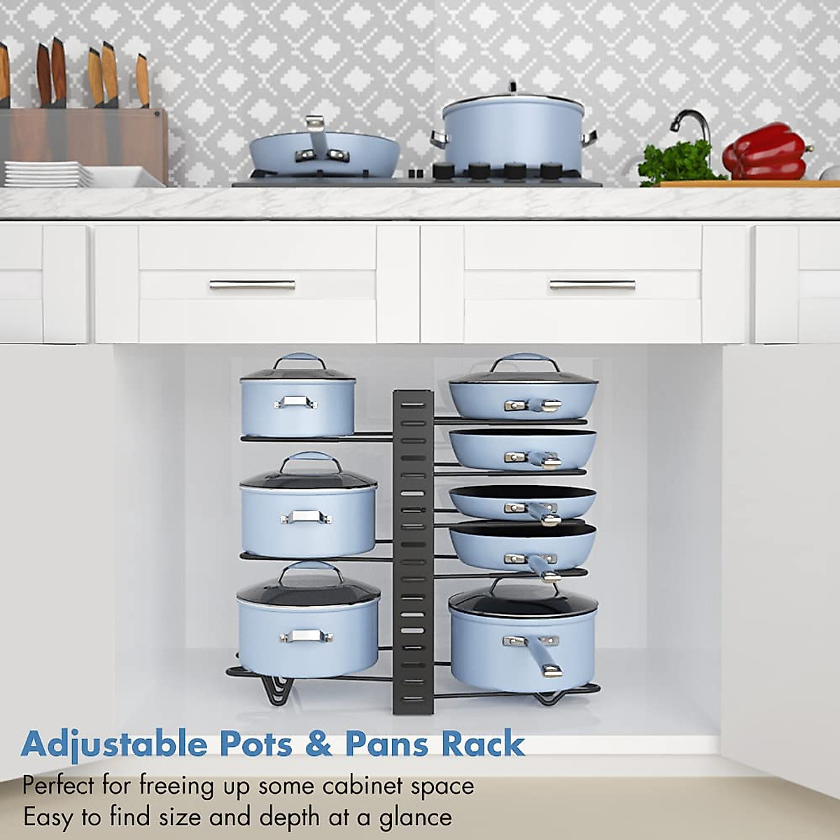 Felibeaco Adjustable Pots and Pans Organizer Rack for Cabinet, Metal Pans Pots Lids Storage Holder Rack under Cabinet with 3 DIY Methods, Pot Rack with 8 Tiers for Kitchen,Counter,Black,