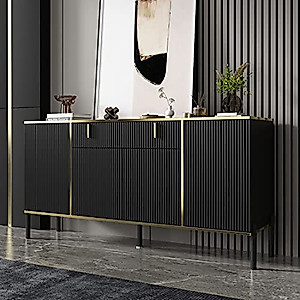 FAMAPY Modern Credenza Sideboard Buffet with Drawer & Pop-Up Doors, Buffet Sideboard Storage Cabinet with Black Metal Legs, for Living Room Hallway Black and Gold (63”W x 15.7”D x 31.5”H)