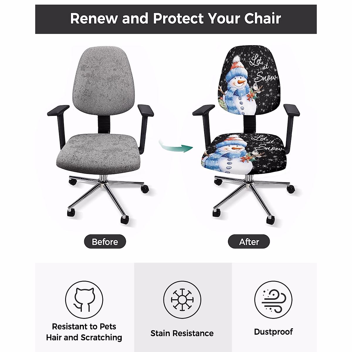 LBDOMOV Christmas Office Chair Cover 2 Piece, Stretch Elastic Computer Desk Rotating Chair Seat Back Covers, Stretchable Chair Slipcover Protectors Cover Black Winter Snowflake Snowman Birds Black