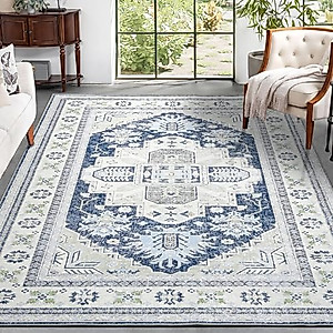 GlowSol Washable Area Rug 8x10 Vintage Large Rug Boho Floral Living Room Rug Non-Slip Nursery Rug for Bedroom,Low-Pile Carpet Print Distressed Entryway Rug for Laundry Dining Room Office Hall