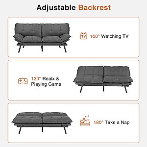 FONTOI Convertible Futon Sofa Bed, Moderm Foam Linen Fabric Loveseat Couch with Push-Pull Design for Relaxing, Sleeping, or Hosting Guests in Small Spaces, Grey