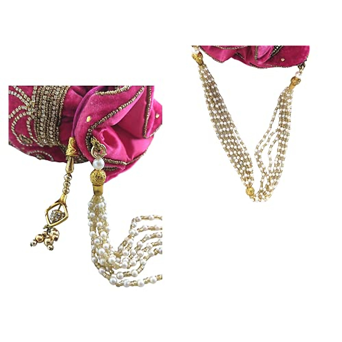 CRAFT BAZAAR Indian Potli Bag, Standing Drawstring Purse, Mini Bucket Bag, Evening Bag with Wristlet and Tassels (Pink)