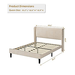 Homhougo Queen Bed Frame, Upholstered Platform Bed with Wingback Headboard, Velvet Upholstered Bed Frame with 2 Storage Pockets, Strong Wooden Slat Support, Easy Assembly, Box Spring Optional, Beige