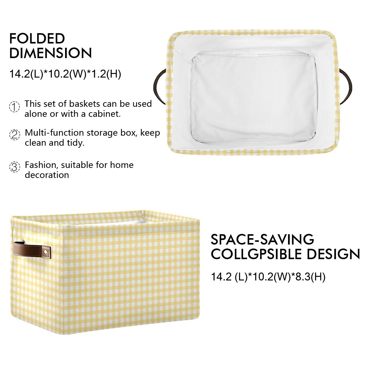 Storage Bin 2PCS Yellow Gingham Fabric Storage Baskets for Organizing Closet Shelf Nursery Toy Clothes Organizer with Handles