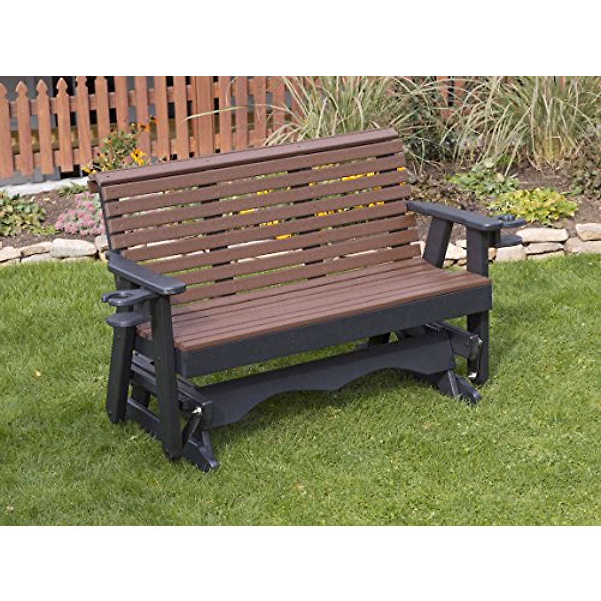Ecommersify Inc 5FT-Cedar-Poly Lumber ROLL Back Porch Glider with Cupholder arms Heavy Duty Everlasting PolyTuf HDPE - Made in USA - Amish Crafted