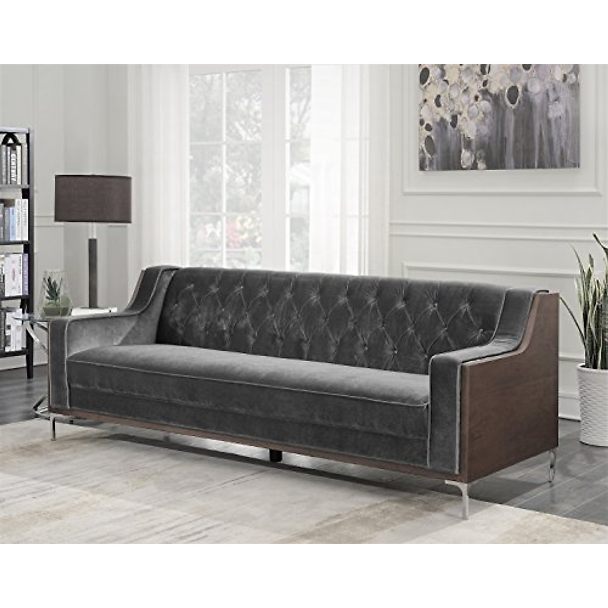Iconic Home Clark Sofa Button Tufted Velvet Walnut Finish Swoop Arm Wood Frame with Polished Metal Legs, Modern Contemporary, Grey