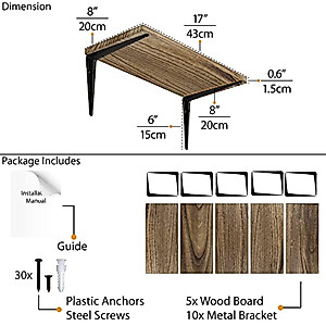 Wallniture Arras Floating Shelves for Wall Decor, Bookshelf for Living Room Decor, Wall Shelf for Bedroom, Kitchen Organization Bathroom Shelves 17"x8" Burnt Finish Set of 5