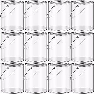 Clear Paint Cans Paint Bucket with Metal Lids and Handle Decorative Clear Plastic Bucket Storage Paint Can Plastic Paint Can Containers (12 Pack, 5 Inch Tall)