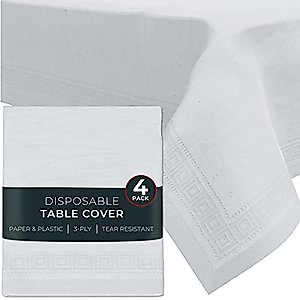HOUZZKINGZ USA Paper Tablecloths for Rectangle Tables | 54” X 108” – 4 Pack | White Paper Disposable Tablecloth | 3-Ply Premium Paper & Plastic Table Cloths for Parties Disposable