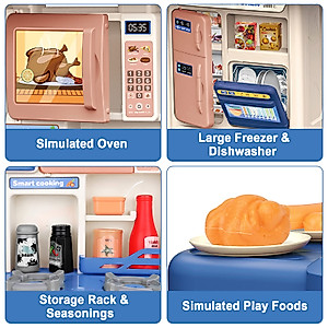 deAO Kitchen Playset Toy with Sounds and Lights, Role Playing Game Pretend Food and Cooking Playset for Kids,35 PCS Kitchen Accessories Set for 3 4 5 Years Old Girls Boys (Blue)