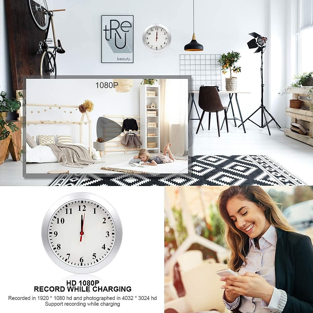 JLRKENG Hidden Spy Camera Wall Clock 1080P HD WiFi Clock Cameras Wireless Home Security Nanny Cam with Motion Detection Alarm Mini Video Recorder for Home and Office Surveillance, No Audio